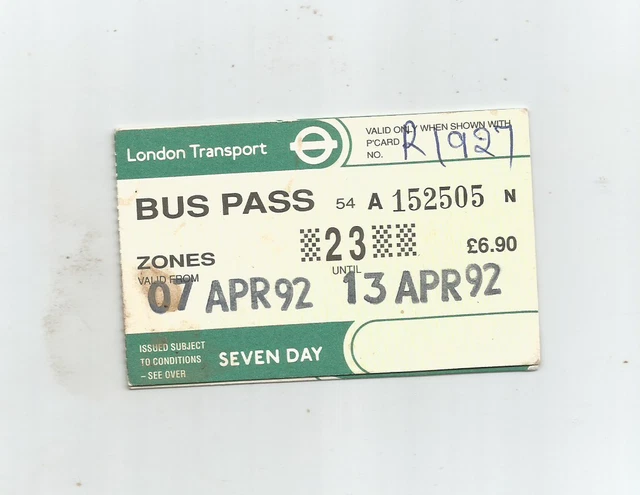BUS TICKET LONDON transport 7 day bus pass 1992 £2.00 - PicClick UK