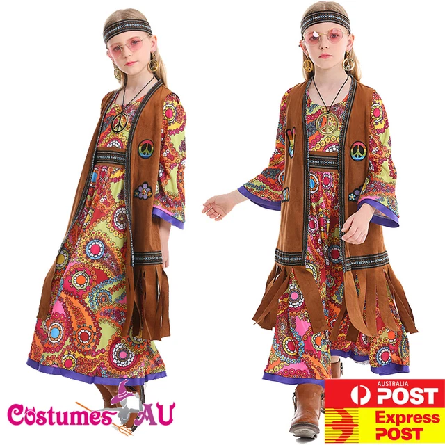GIRLS 70S HIPPIE Hippy Costume Groovy 60s Retro Kids Child Go Go Fancy Dress EUR 27,38 - PicClick FR