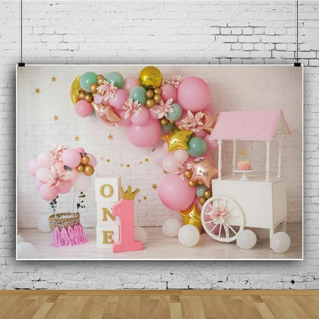 ONE 1ST PINK Balloon Backdrop Girls Birthday Party Background Photo ...