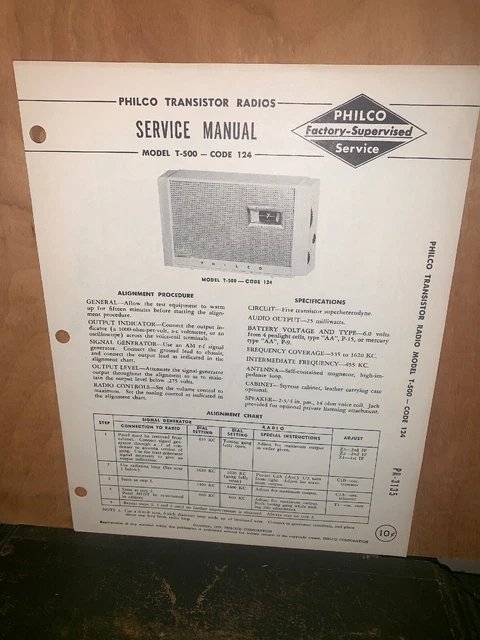 PHILCO TRANSISTOR RADIO Model T500 Service Manual Schematics Parts List ...