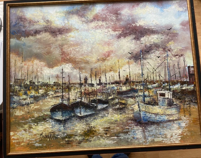 TABLEAU HUILE SUR toile encadrée paysage port signé Michel Folliot EUR ...