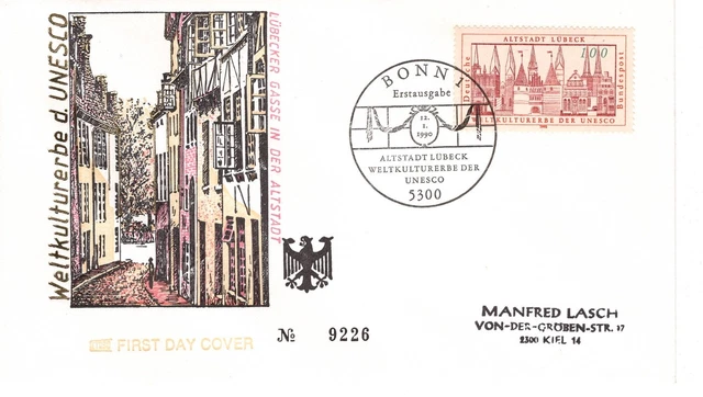 FDC FEDERAL MI. 1447 Old Town Lübeck UNESCO World Heritage SST 1990 £2. ...