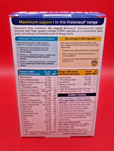 VITABIOTICS VISIONACE MAX - 56 (28 Visionace Tablets + 28 Omega 3 ...