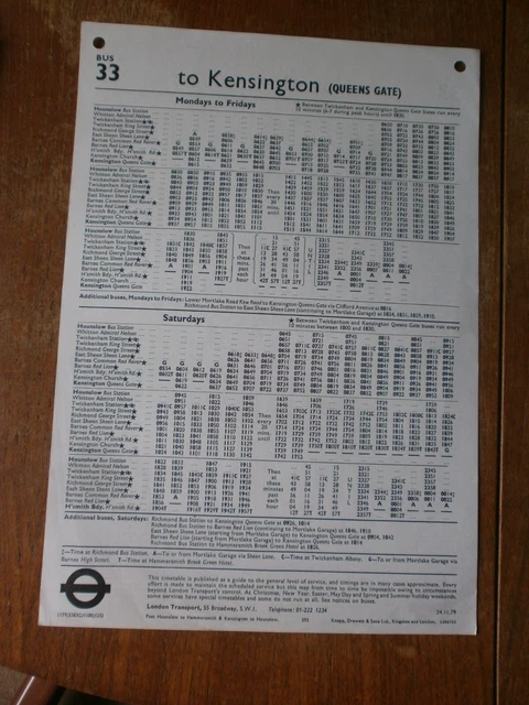 LONDON TRANSPORT BUS Stop Timetable Panel-Route 33, 1979 £1.50 ...