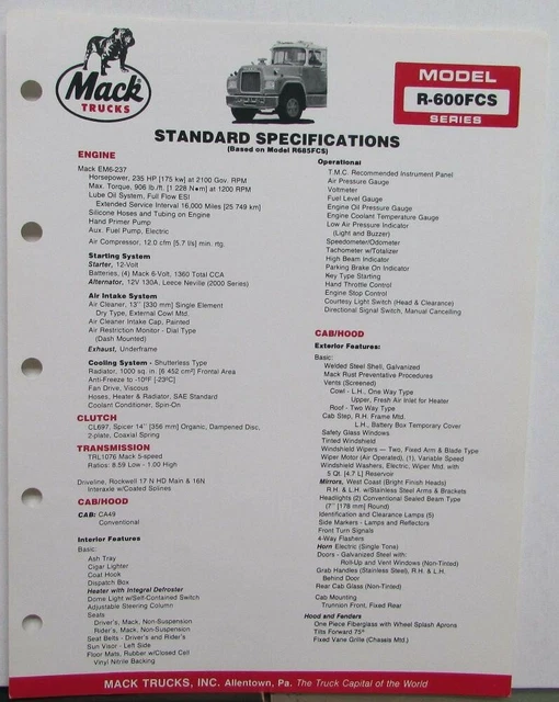 1985 MACK TRUCKS Model MC 600FCS Diagrams Dimensions Sales Brochure ...