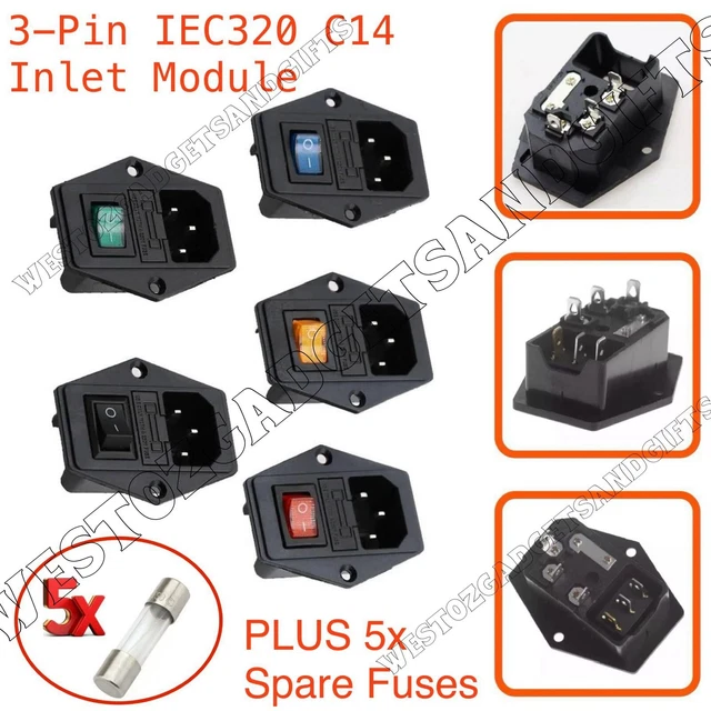 3PIN IEC320 C14 Inlet Module Plug Fused Rocker Switch Male Power Socket ...