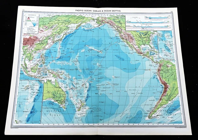 ANTIQUE MAP OF The Pacific Ocean Sea Depth Chart Oceanography Cables ...