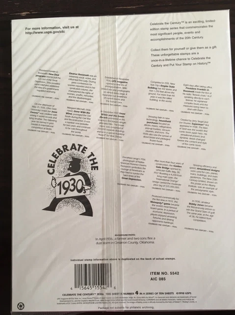 1930’S CELEBRATE THE Century USA 1998 Pane Full Sheetlet 32c Sealed ...