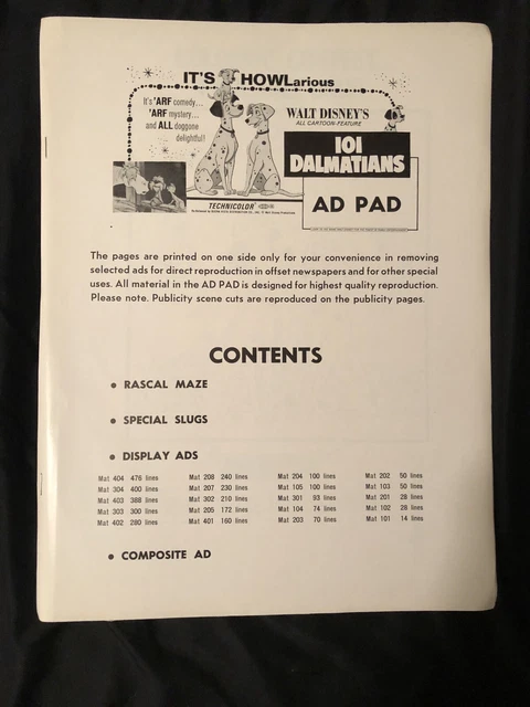 DISNEY “101 DALMATIANS” Movie Theater Ad Pad £4.11 - PicClick UK