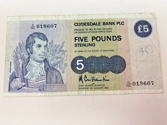 1983 SCOTLAND CLYDESDALE Bank PLC Five Pounds Sterling Banknote Circ ...