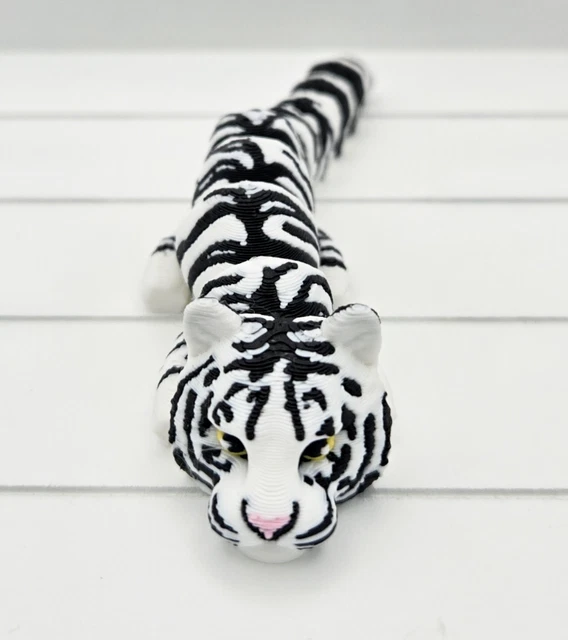 3D PRINTED WHITE Tiger Flexi Articulated Fidget Toy Desk Buddy/Friend ...