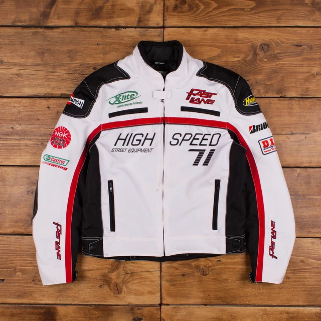 VINTAGE FAST LANE Racing Jacket L Biker Sponsors White Zip Hook & Loop ...