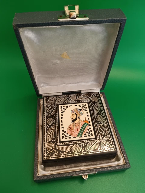 VINTAGE BOXED INDIAN Metal Bidri Trinket Box Painted Male Portrait ...