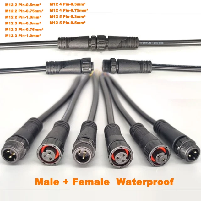M12 2/3/4/5PIN MALE + Female Waterproof Cable Connector Plug Rainproof ...