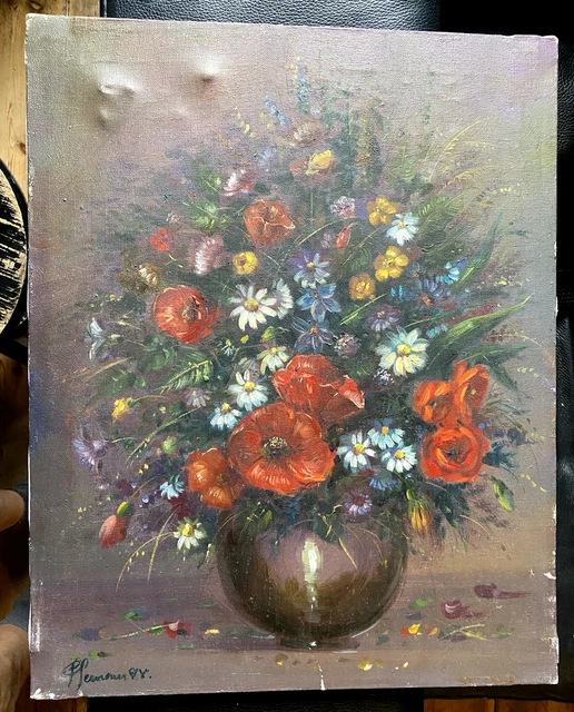 ::ÖLGEMÄLDE ANTIK STILLLEBEN Mit Mohn Blüten Blumen Gemälde Signiert Unleserlich EUR 150,00 ...