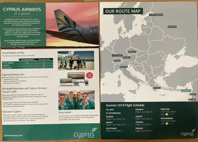 NEW CYPRUS AIRWAYS Airlines Brochure Route Map Timetable Cabin Crew £15 ...