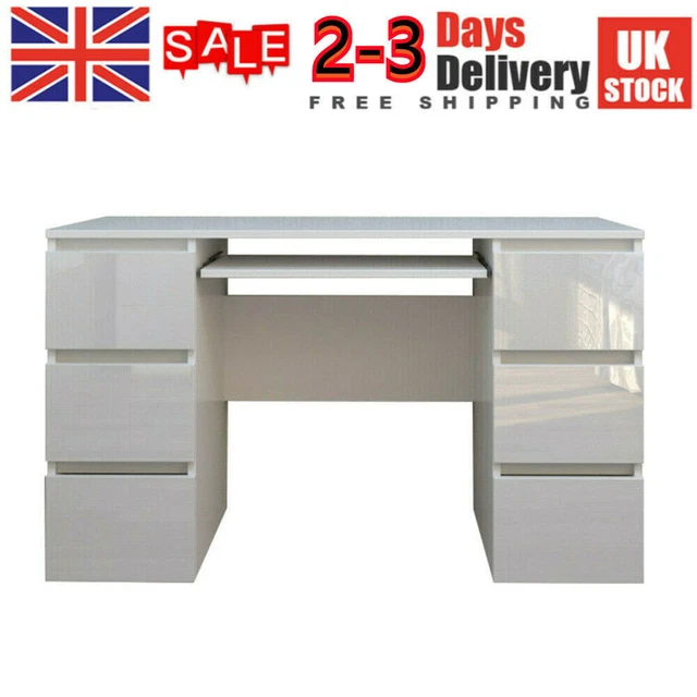 WHITE FULL HIGH Gloss Dressing Table 6 Drawers Vanity Makeup/Computer ...