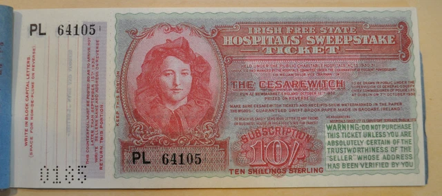 IRISH FREE STATE Hospitals Sweepstake Drawing Lottery Ticket Stub ...