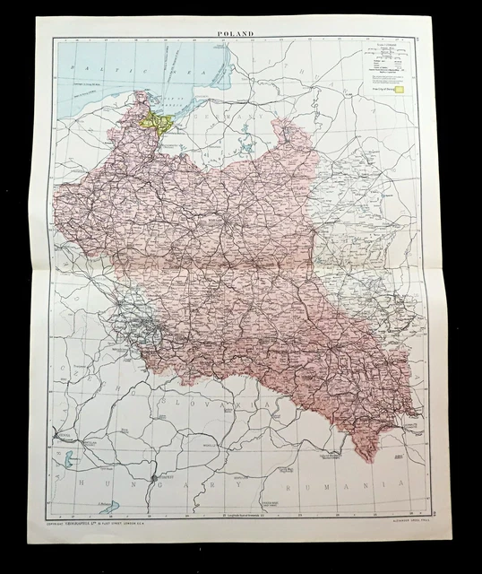 MAP OF POLAND Warsaw Free City of Danzig Krakow Lvov Post WW1 Antique ...