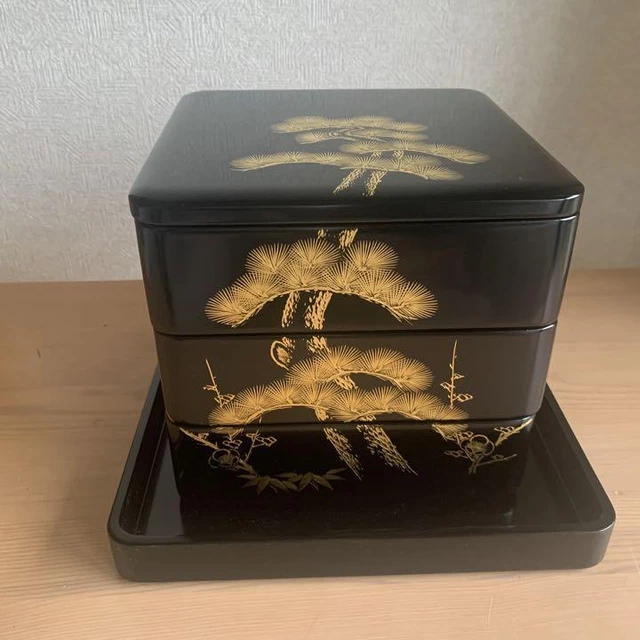 JAPANESE JUBAKO BENTO Box Wajima Lacquer, Three-Tiered, Chinkin ...