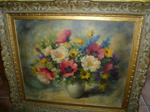 ANCIEN TABLEAU HUILE sur toile bouquet fleurs signé Pierre Sorel 1950 cadre doré EUR 300,00 ...