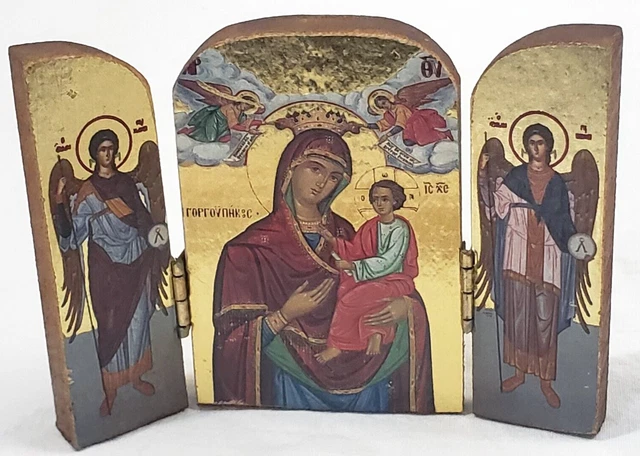 VIRGIN MARY JESUS Christ Child Orthodox Icon Triptych Mini Carved Wood Gold Gilt £20.20 ...