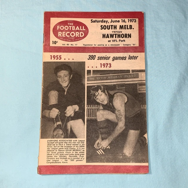 1973 VFL FOOTBALL RECORD, SOUTH MELBOURNE v HAWTHORN, 16 June 1973, $18 ...