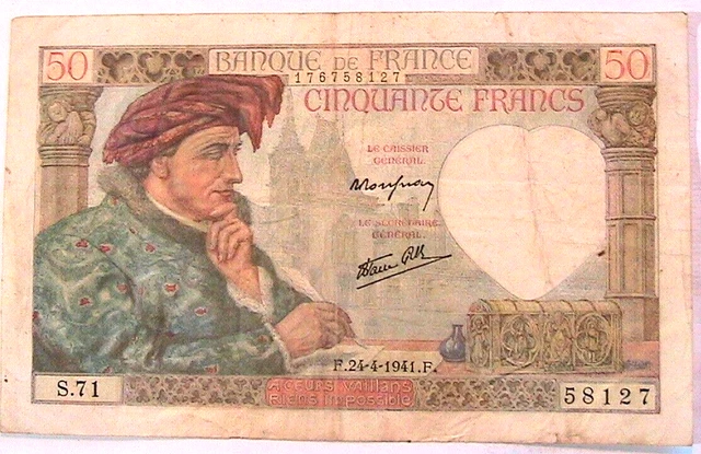 1941 FRANCE 50 Francs VF WWII Orig. French Banknote Currency Paper ...