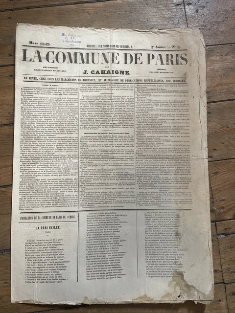 RARE JOURNAL ANCIEN La Commune De Paris Cahaigne Révolution Mars 1849 ...