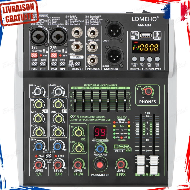 TABLE DE MIXAGE Audio 4 Canaux Bluetooth USB 99 Effets DSP Alim Fantôme ...