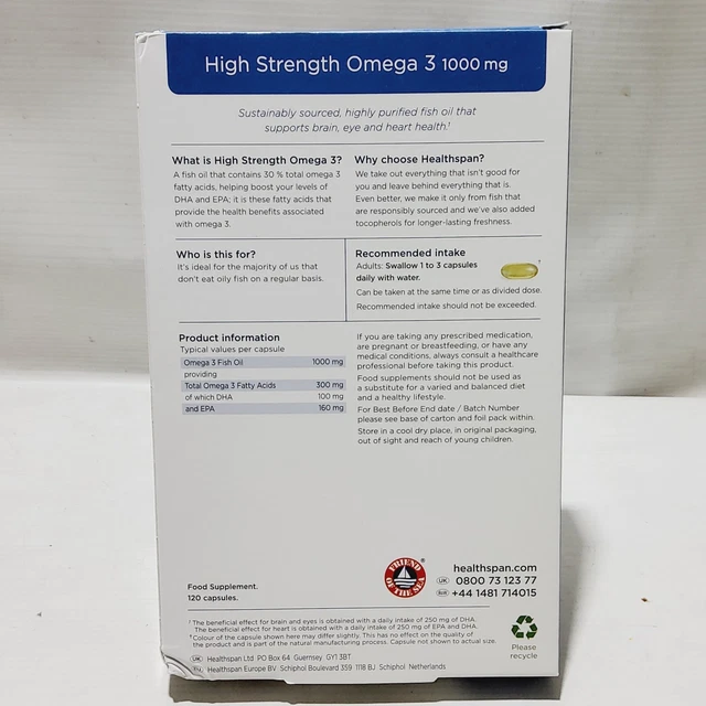 HEALTHSPAN HIGH STRENGTH Omega 3 1000mg Vitamins, 120 Tablets (04/2026 ...