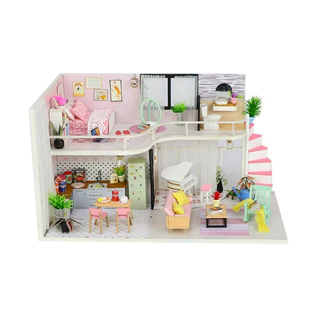 WOODEN DIY HOUSE Toy Assembly Building Model Miniature Dollhouse ...