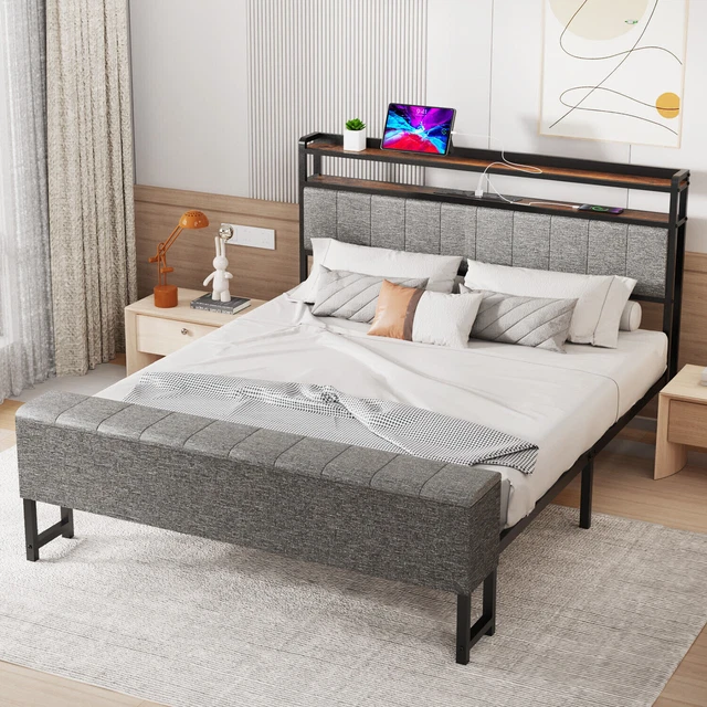 SINGLE SIZE BED Frame Platform Metal Slats Support Bed W/ Industrial ...