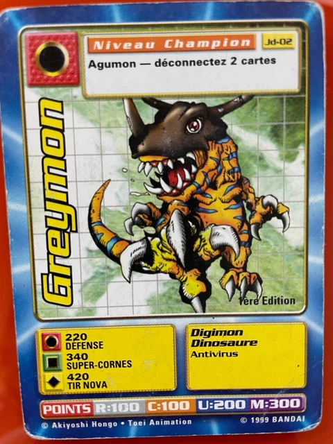 CARTE DIGIMON GREYMON Niveau Champion JD-02 FR BANDAI 1999 EXC ++ 1er Édition EUR 18,00 ...