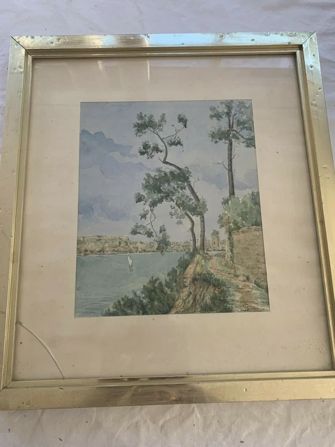 ANCIENNE PEINTURE AQUARELLE paysage bord de mer signée GIROUX encadrée/36422A0 EUR 25,00 ...