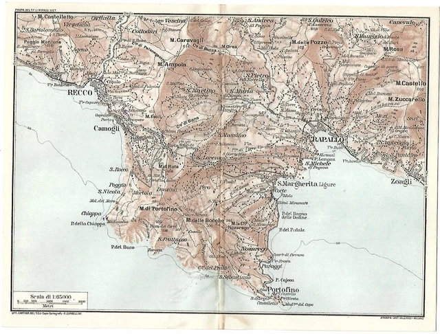 CARTA GEOGRAFICA ANTICA LIGURIA PROMONTORIO di PORTOFINO TCI 1924 ...