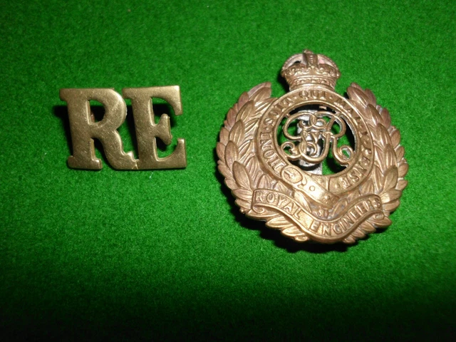 KINGS CROWN ROYAL ENGINEERS RE BRASS CAP BADGE GRV ORIGINAL with SLIDE ...