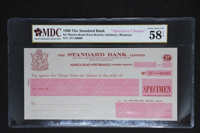 1960 THE STANDARD Bank Specimen Cheque - Rhodesia - Choice aUNC 58 GPQ ...