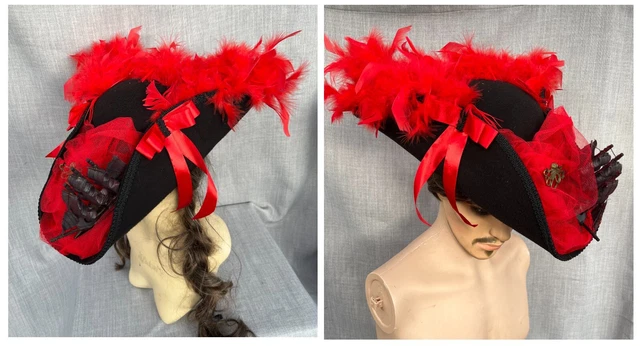 AWESOME BLACK RED Tricorn Pirate Hat Renaissance Feathers Ship Octopus ...