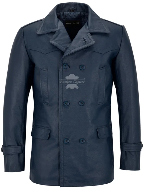 GERMAN PEA COAT Navy Men's Classic Reefer Military Hide Leather Jacket ...