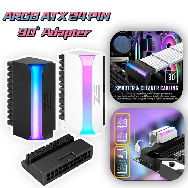 CABLE POWER PLUG Adapter ARGB ATX 24 Pin to 90 Degree DIY Mounting ...