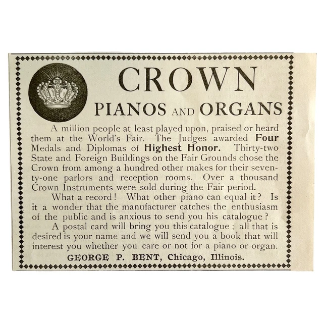 CROWN PIANO ORGAN Worlds Fair 1894 Advertisement Victorian Instrument ...