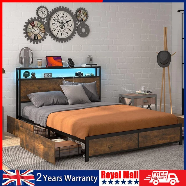 200*140CM BED FRAME Metal Bed Platform LED Lights Headboard & 4 Storage ...