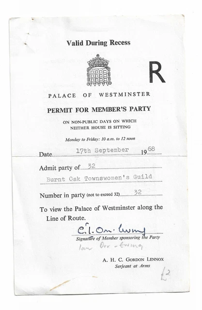 PALACE OF WESTMINSTER Permit for Member's Party 1968 £4.99 - PicClick UK