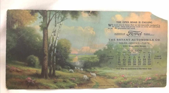 1920 CALENDAR MAY, Ford Model T Dealer Bryant Automobile Co 10" x 5 ...