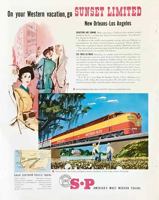 1951 SOUTHERN PACIFIC Railroad PRINT AD Your Western Vacation Sunset ...