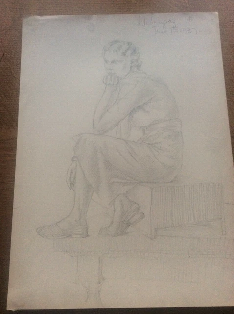 SIGNED 1937 LILLIAN Mingay Pencil Drawing 15x11” seated lady figure on ...