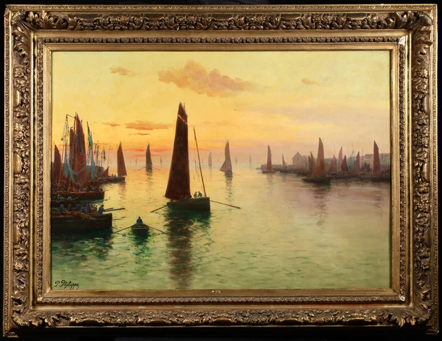 PAUL PHILIPPE (1870-1930) Giant Signed French Oil Sunset Concarneau ...