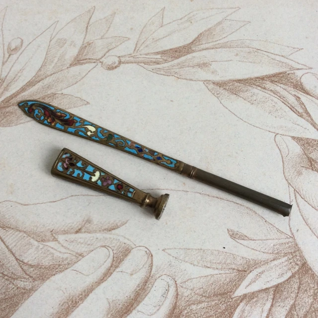 CACHET SCEAU & Porte-plume Anciens en Laiton & Email Cloisonné Fin ...