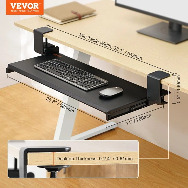 UNDER DESK KEYBOARD Tray Slide Out Mouse Drawer C Clamp Mount Large 26 ...